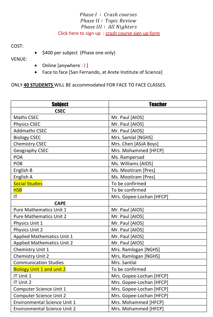 CSEC/CAPE CRASH COURSE 2025 – ARETE Institute of Science